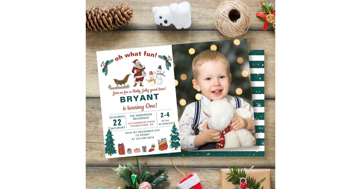 Oh What Fun Santa Claus Christmas Birthday Photo Invitation | Zazzle