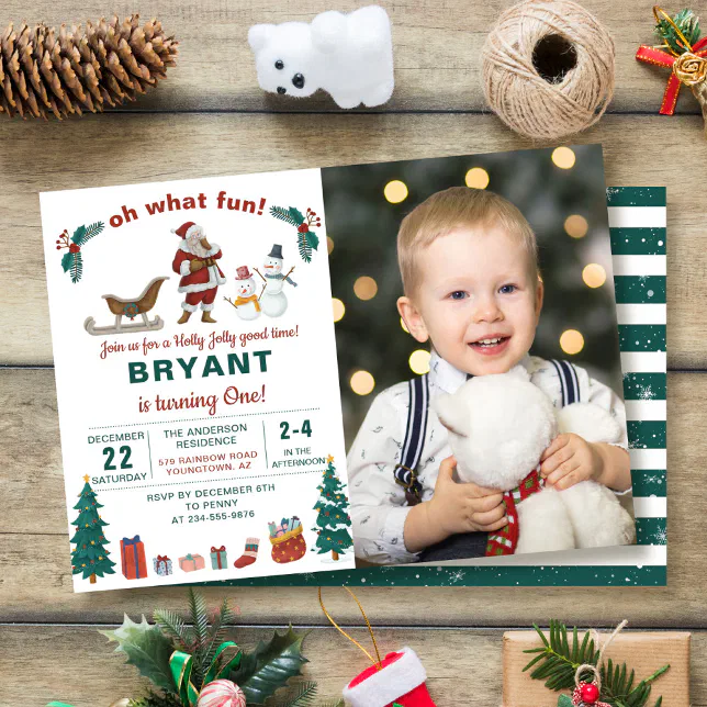 Oh What Fun Santa Claus Christmas Birthday Photo Invitation | Zazzle