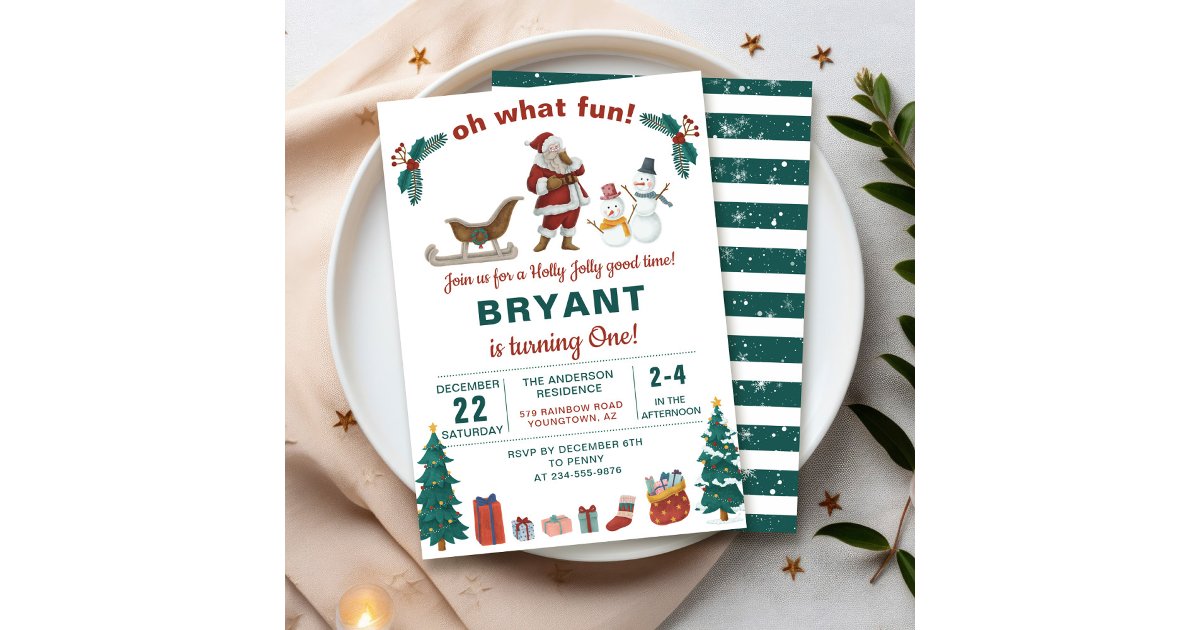 Oh What Fun Santa Claus Christmas Holiday Birthday Invitation | Zazzle