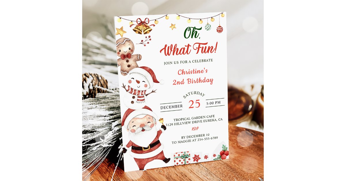 Oh What Fun Santa Snowman Christmas Birthday Invitation | Zazzle