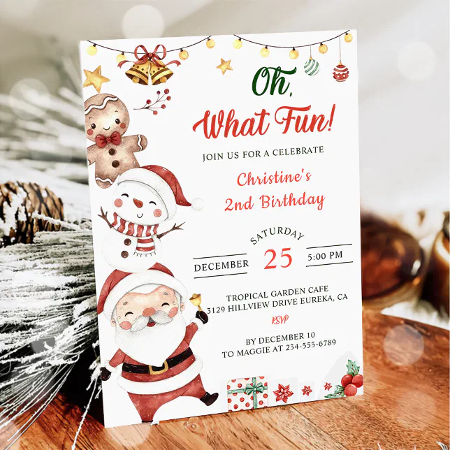Oh What Fun Santa Snowman Christmas Birthday Invitation | Zazzle