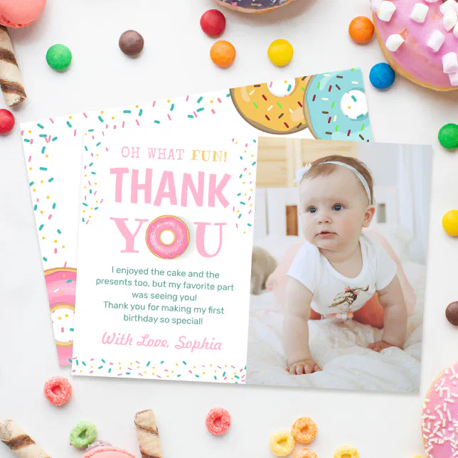 Oh What Fun Sweet Donuts Birthday Party Photo Thank You Card | Zazzle