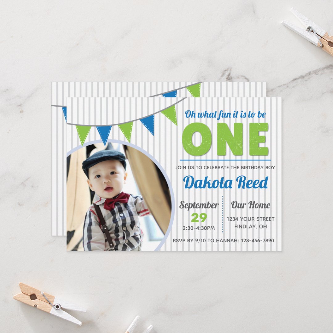 Oh What Fun to be ONE Blue Green First Birthday Invitation | Zazzle
