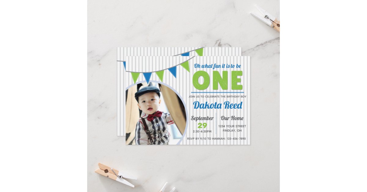 Oh What Fun to be ONE Blue Green First Birthday Invitation | Zazzle