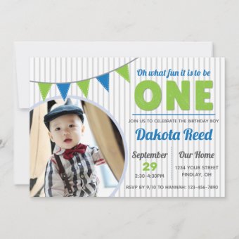 Oh What Fun to be ONE Blue Green First Birthday Invitation | Zazzle
