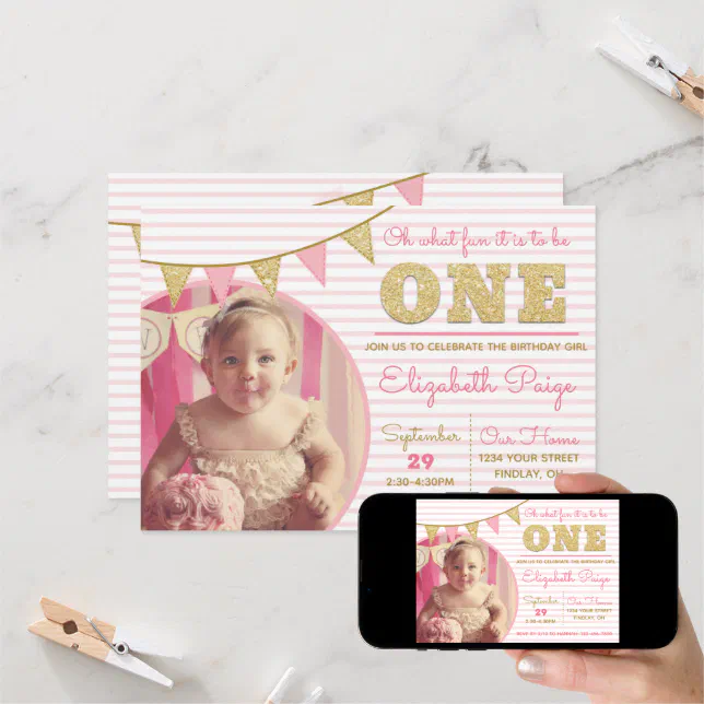 Oh What Fun to be ONE Pink & Gold First Birthday Invitation | Zazzle