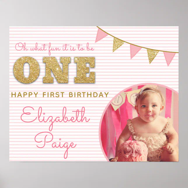 Oh What Fun to be ONE Pink & Gold First Birthday Poster | Zazzle