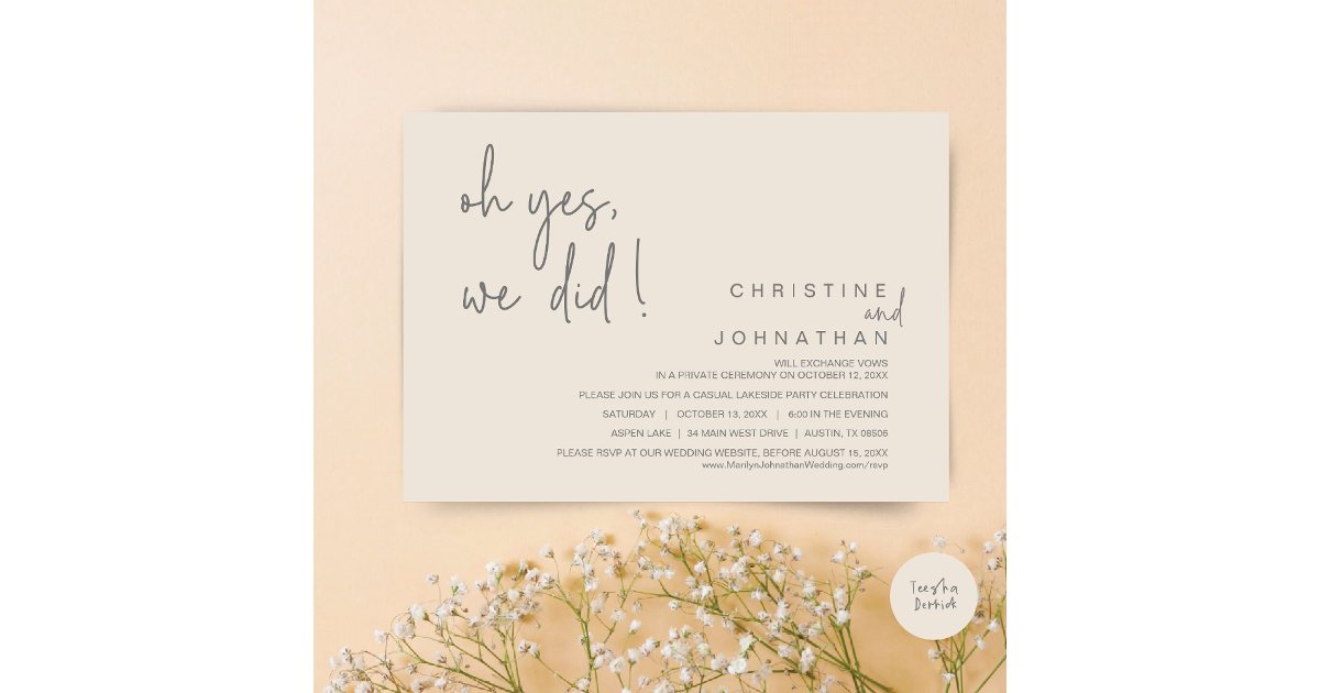 Oh Yes, We Did, Wedding Elopement, Cream and Grey Invitation | Zazzle