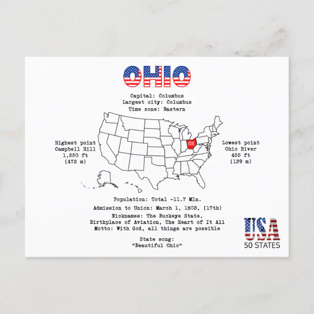 Ohio American state on a map and useful info Holiday Postcard | Zazzle