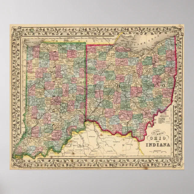 Ohio, Indiana Map by Mitchell Poster | Zazzle
