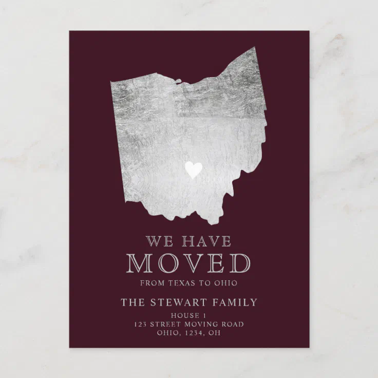 Ohio state map burgundy silver home moving announcement postcard | Zazzle