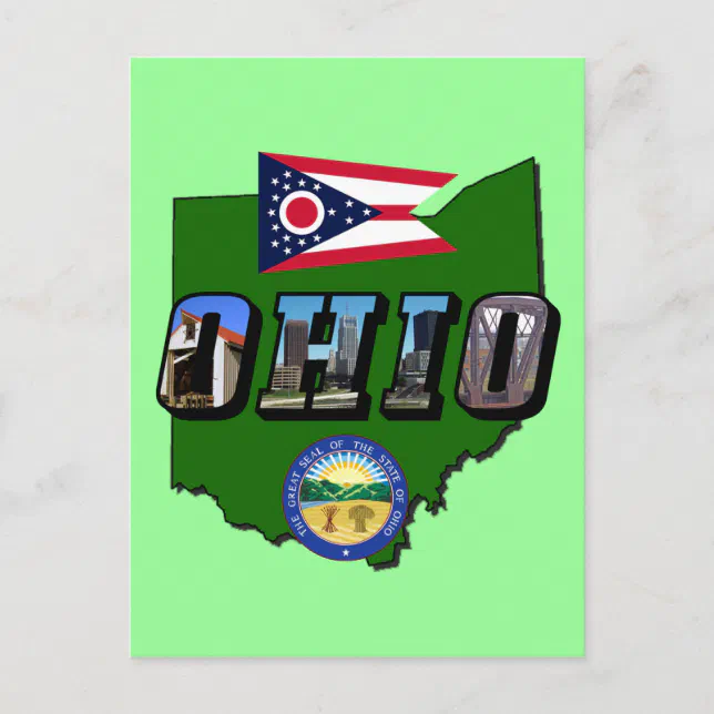 Ohio State Map, Picture Text, Flag and Seal Postcard | Zazzle