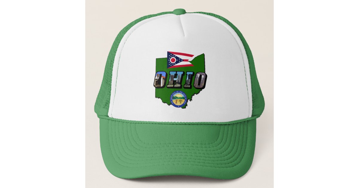 Ohio State Map, Picture Text, Flag and Seal Trucker Hat | Zazzle