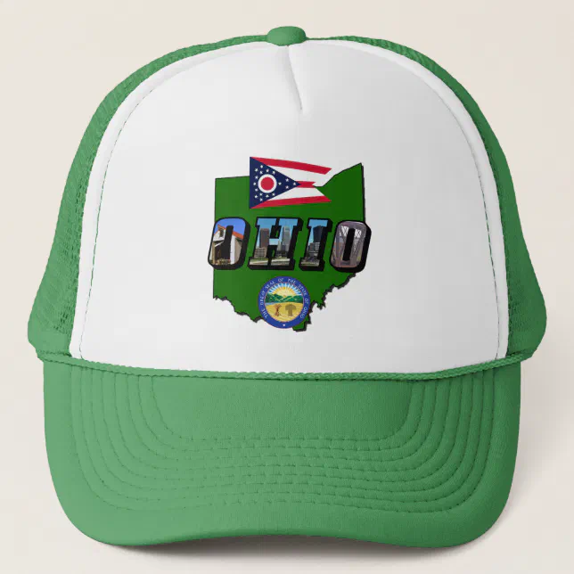 Ohio State Map, Picture Text, Flag and Seal Trucker Hat | Zazzle