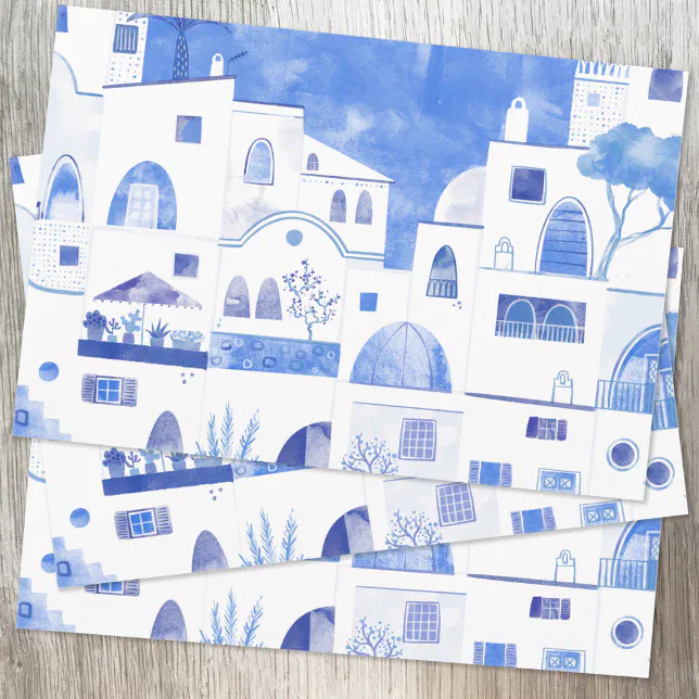 Oia Santorini Greece Watercolor Townscape Painting Wrapping Paper ...