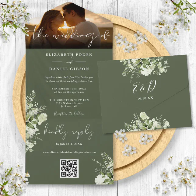 OIive Green Floral Greenery QR Code Wedding Photo All In One Invitation ...