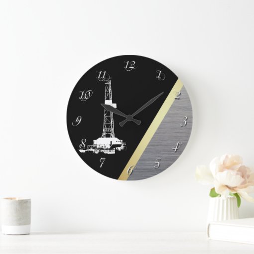 Oil Drilling Rig Gold and Silver Metal Look Large Clock | Zazzle