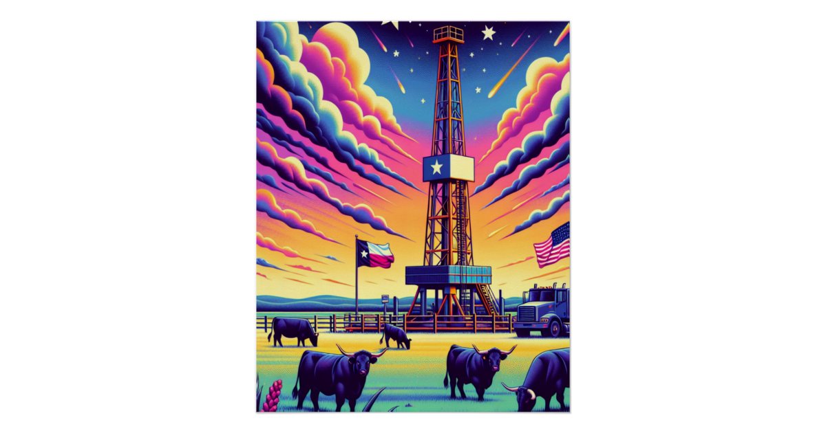 Oil Gas Drilling Scene Cattle And Flags Poster | Zazzle