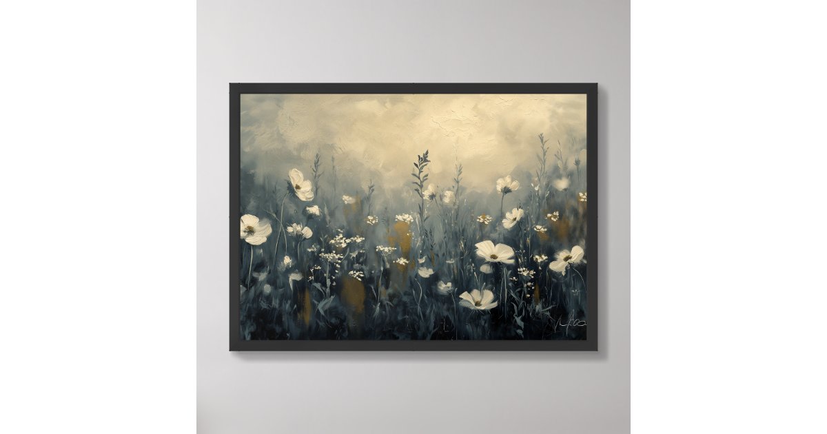 Oil painting white ivory wildflowers meadow field framed art | Zazzle