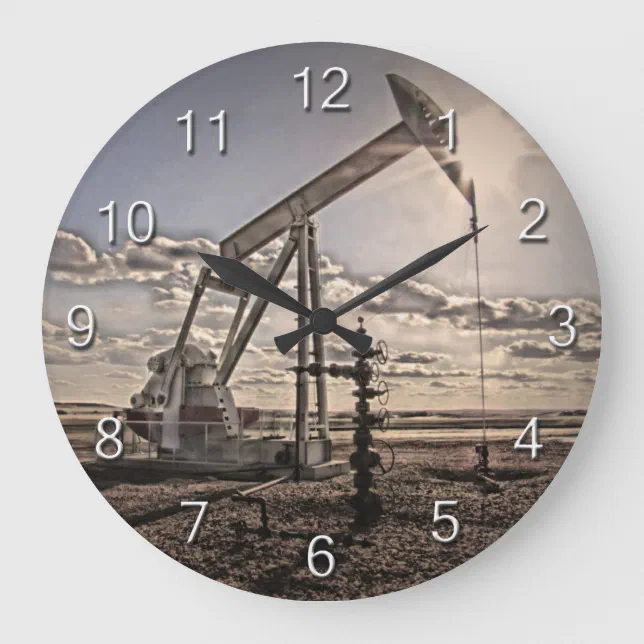 Oil Pumping Unit Blue Sky Clouds Large Clock | Zazzle