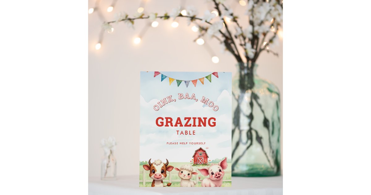 Oink Baa Moo Cute Farm Animals Food Table Sign | Zazzle