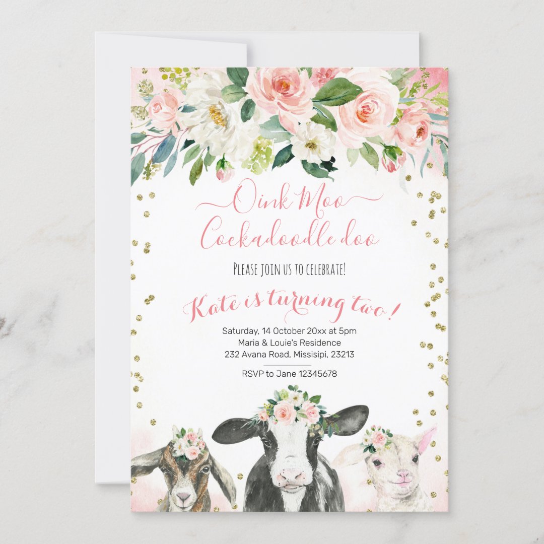 Oink Moo Cockadoodle Doo Girl Birthday Invitation | Zazzle
