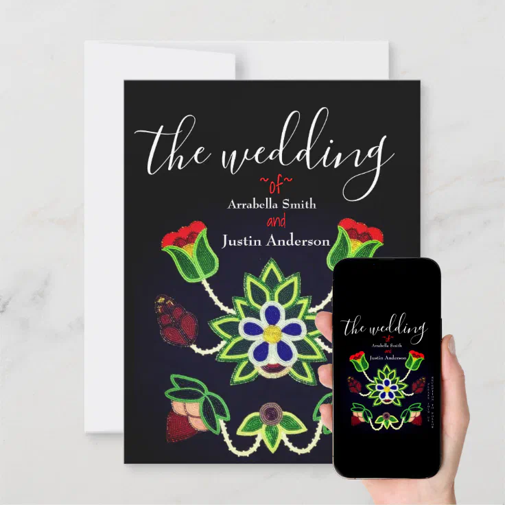 Ojibwe Floral Strawberry Black Wedding Invitation | Zazzle