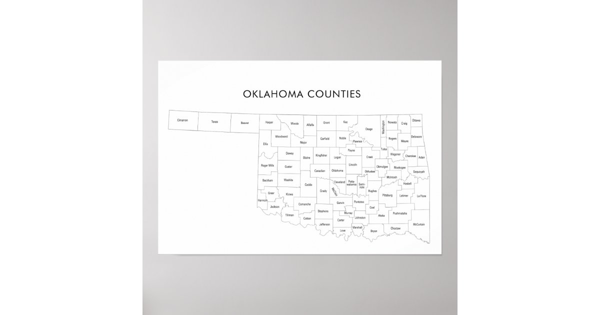 Oklahoma Counties map with county names Poster | Zazzle