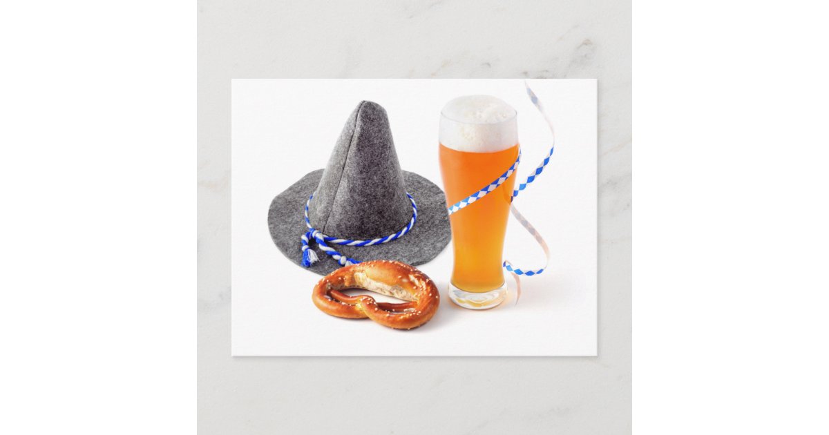 Oktoberfest streamer with beer and pretzel postcard | Zazzle