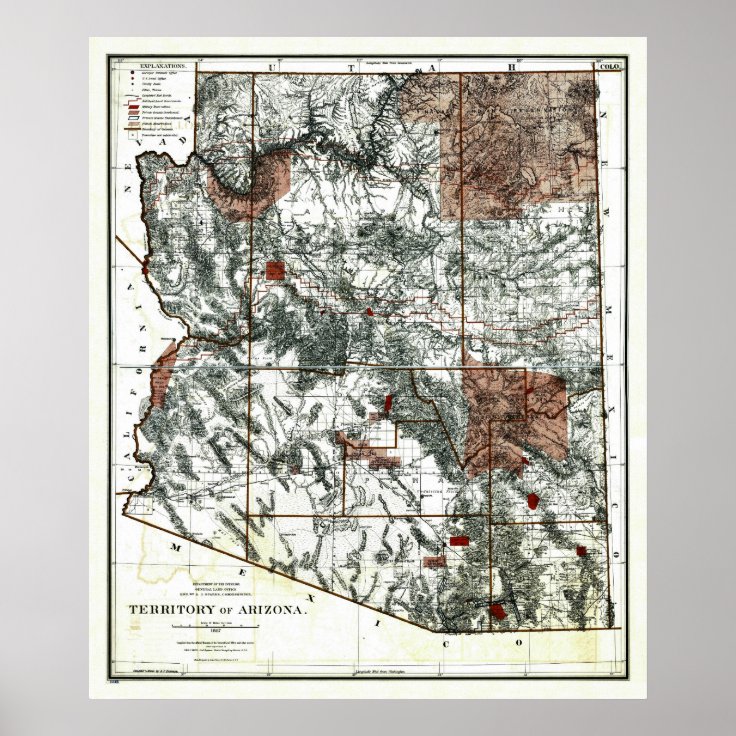 Old 1887 Territory of Arizona Map Poster | Zazzle