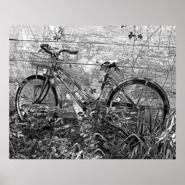 Old Abandoned Bike Drawing, Black and White Poster | Zazzle
