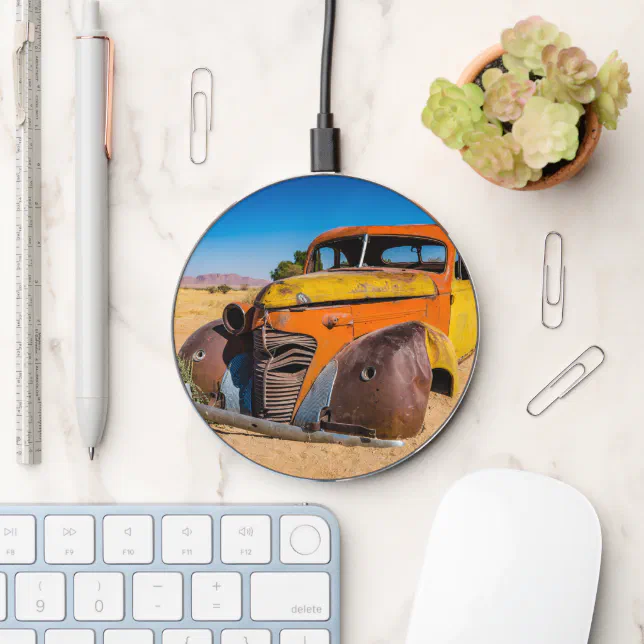 Old and abandoned car in Solitaire, Namibia Wireless Charger | Zazzle