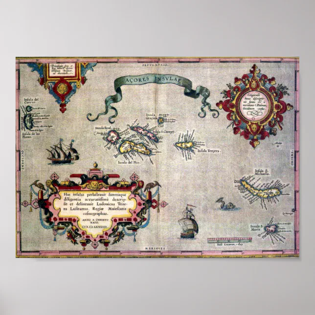 Old Antique Map of the Azores from 1584 - Replica Poster | Zazzle