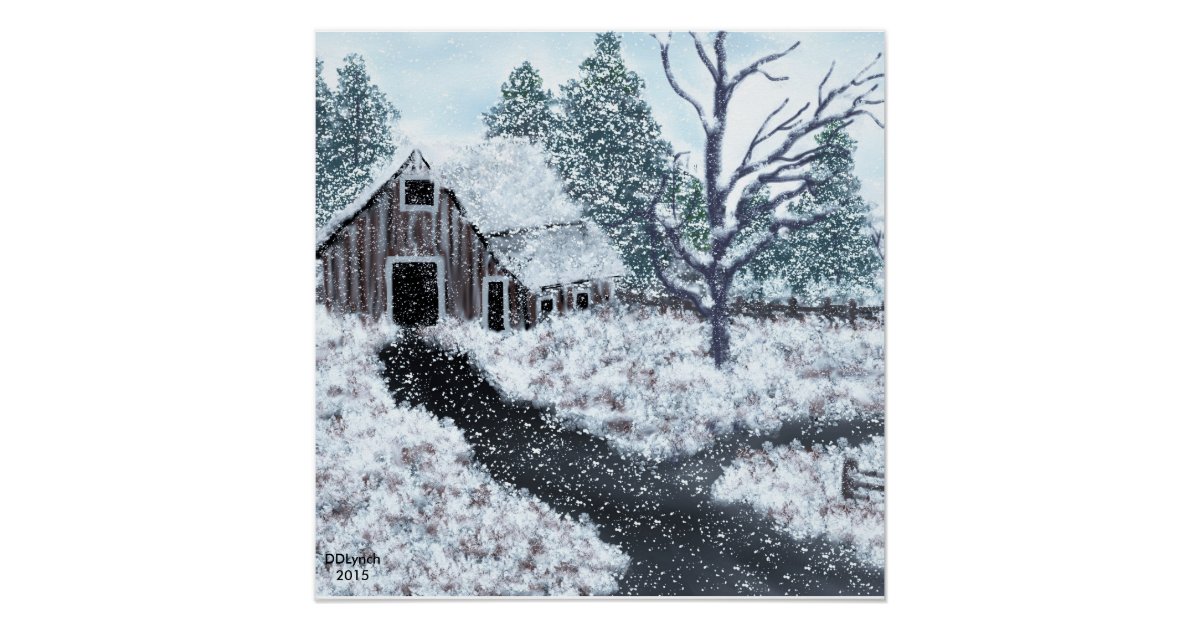 Old barn winter scene snow falling poster | Zazzle