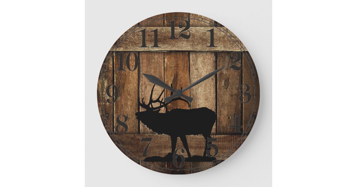 Old Barn Wood & Elk Silhouette Large Clock | Zazzle