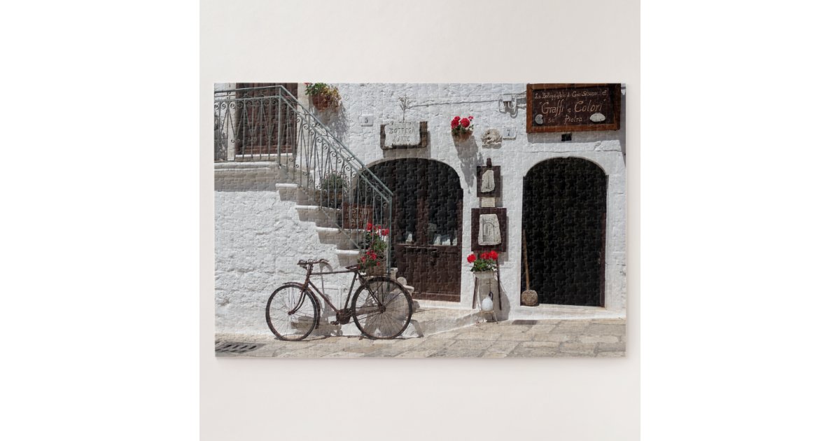 Old bike and storefront in Apulia Jigsaw Puzzle | Zazzle