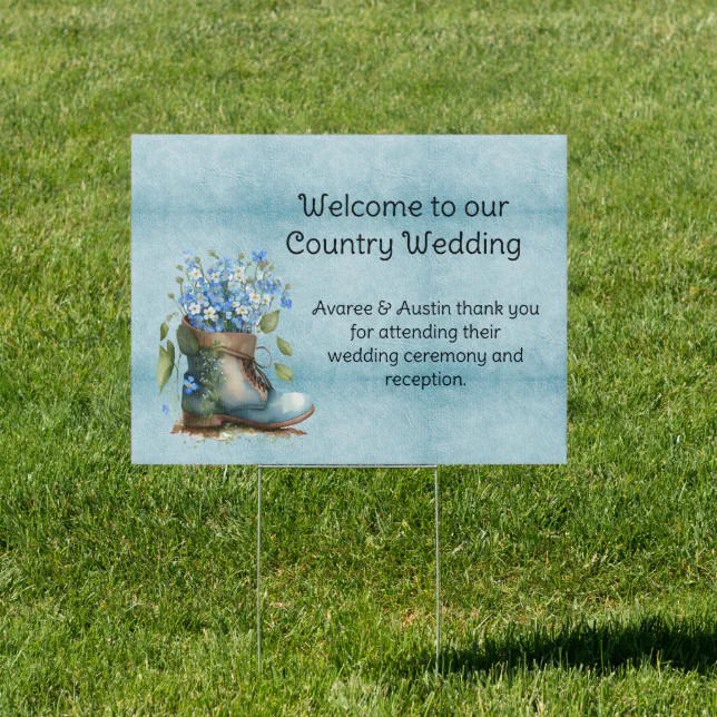 Old Boot Filled With Blue Flowers Wedding Welcome Sign | Zazzle