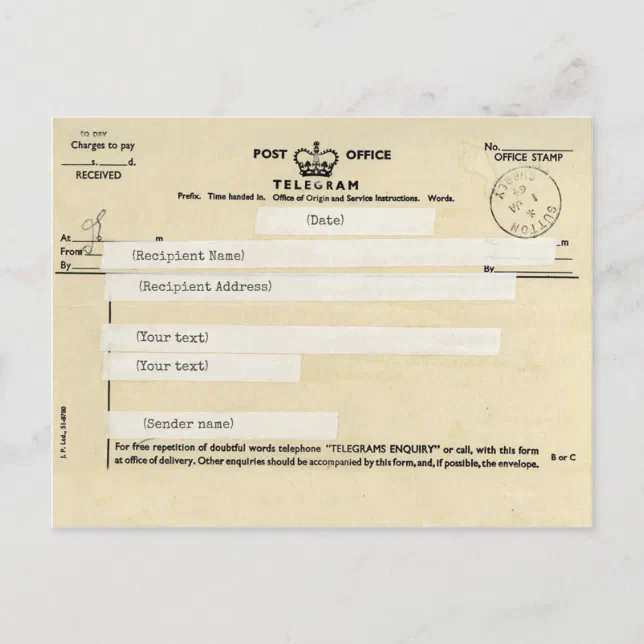 Old British post office telegram (Customizable) Postcard | Zazzle