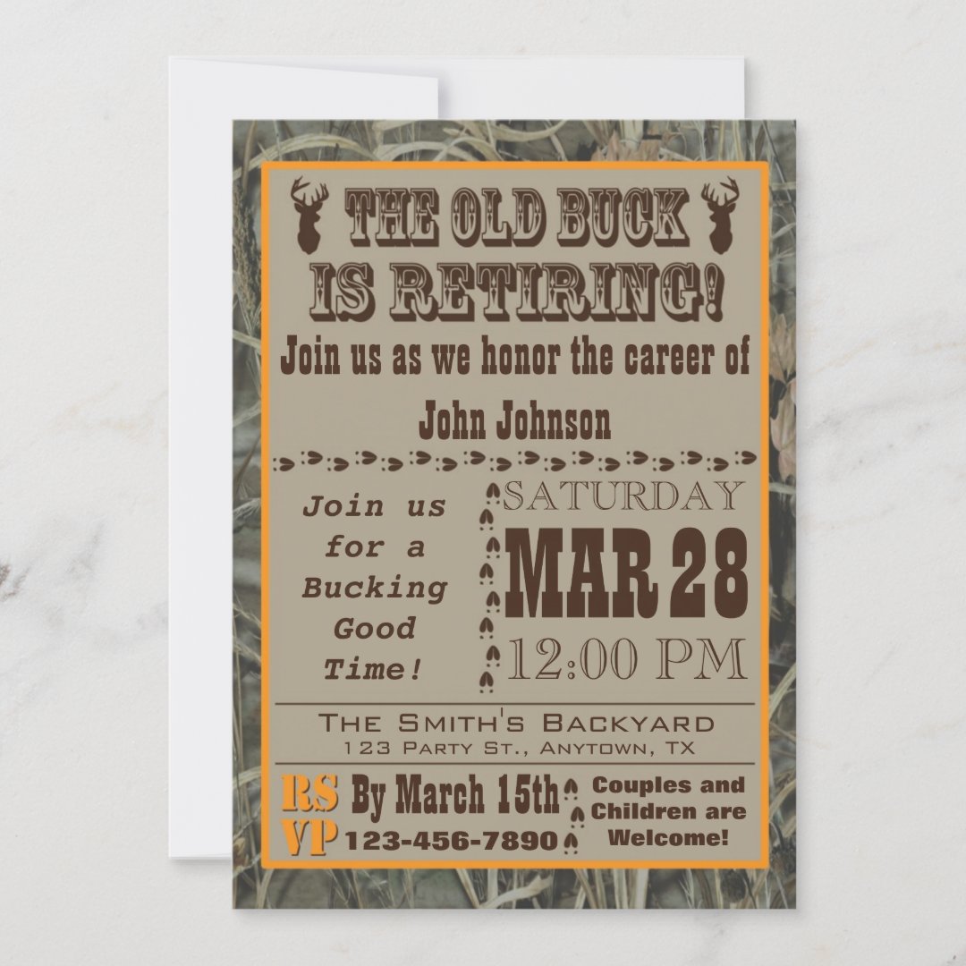 Old Buck Hunting Retirement Invitation with Camo | Zazzle