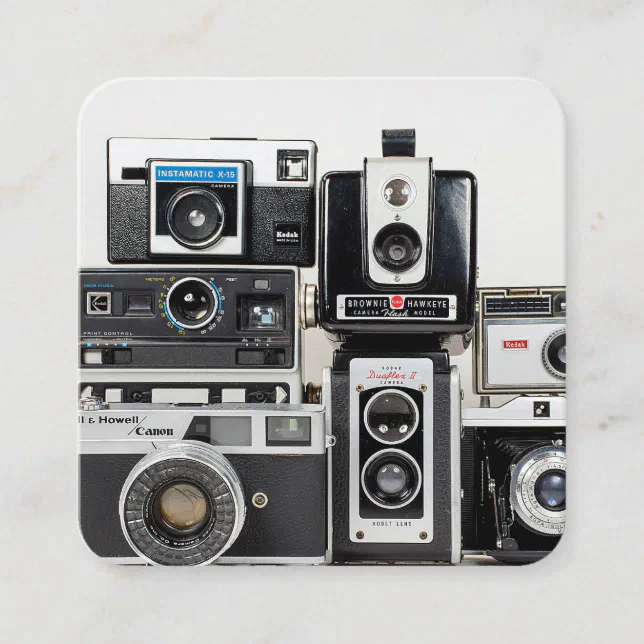 old camera collection stacked on white square business card | Zazzle