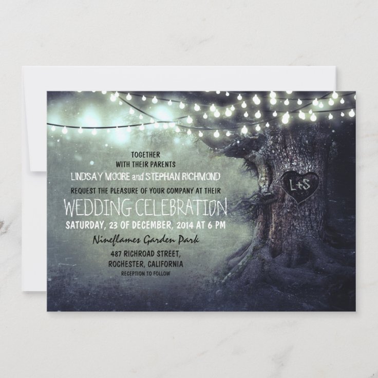 old carved tree twinkle lights rustic wedding invitation | Zazzle
