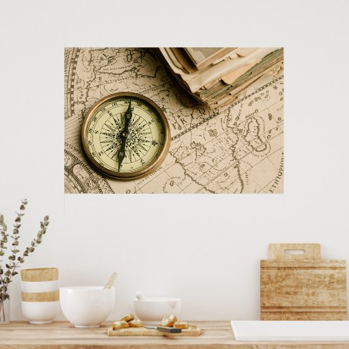 Old Compass Over Ancient Map Poster | Zazzle