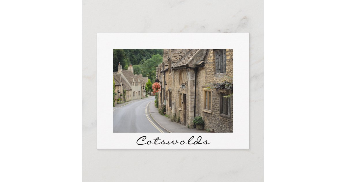 Old cottages in Castle Combe white text postcard | Zazzle