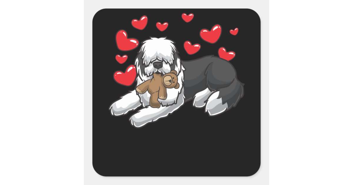Old English Sheepdog Dog With Stuffed Animal And Square Sticker | Zazzle