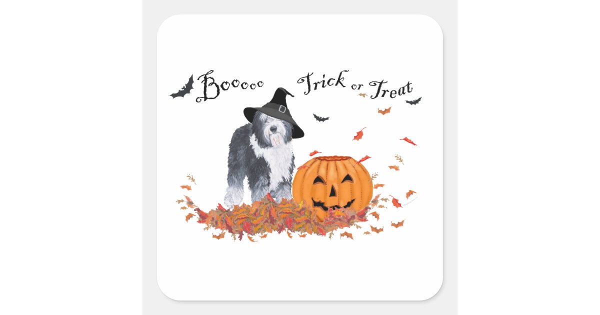 Old English Sheepdog Halloween Square Sticker | Zazzle