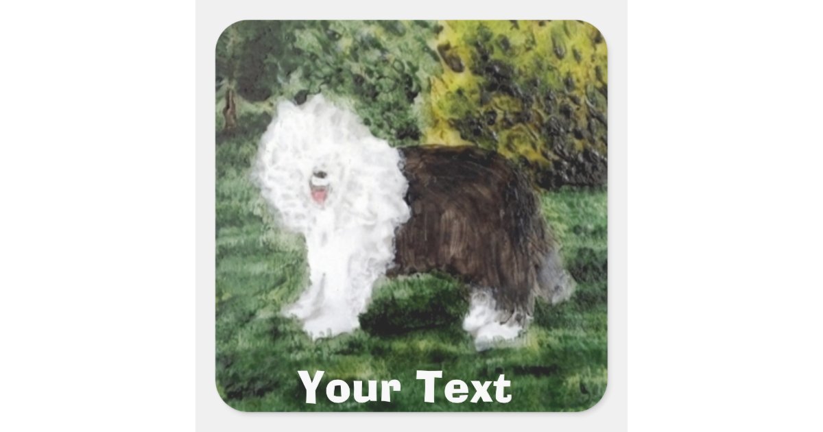 Old English Sheepdog Painting Custom Square Sticker | Zazzle