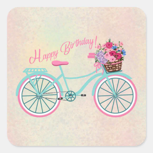 Old Fashioned Bicycle with Flowers Happy Birthday Square Sticker | Zazzle