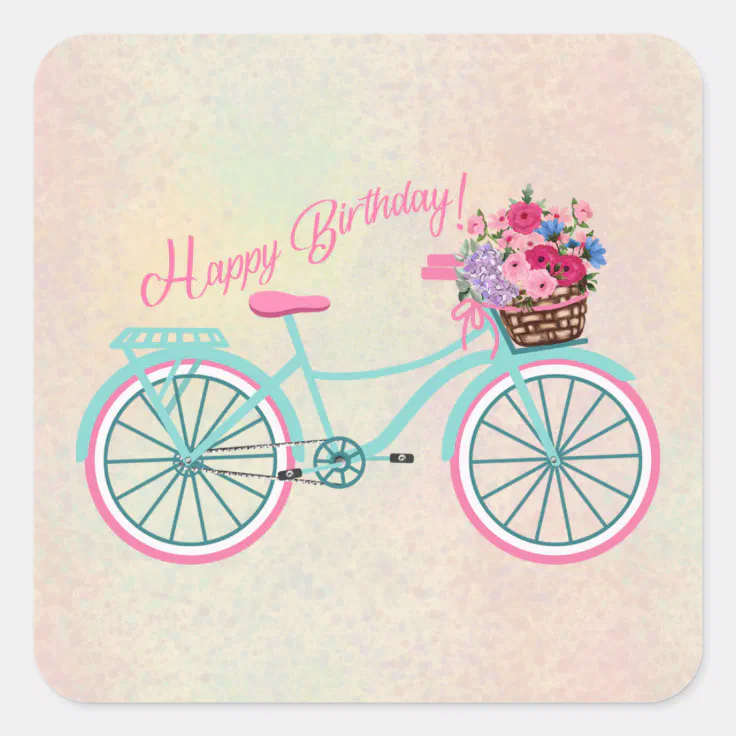 Old Fashioned Bicycle with Flowers Happy Birthday Square Sticker | Zazzle
