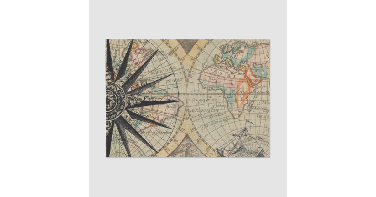 Old Fashioned Map with Compass Tissue Paper | Zazzle