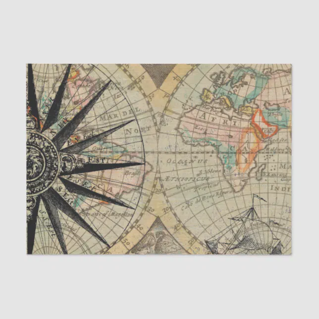 Old Fashioned Map with Compass Tissue Paper | Zazzle